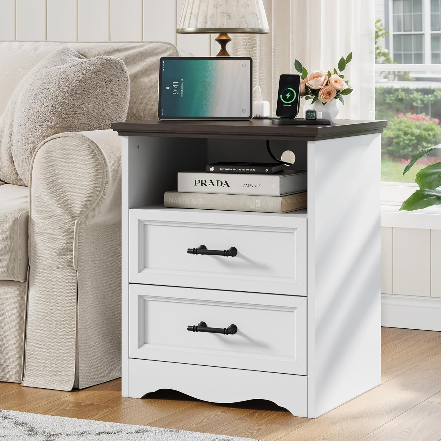 Nightstand with Charging Station Farmhouse End with 2 Drawers Storage ...