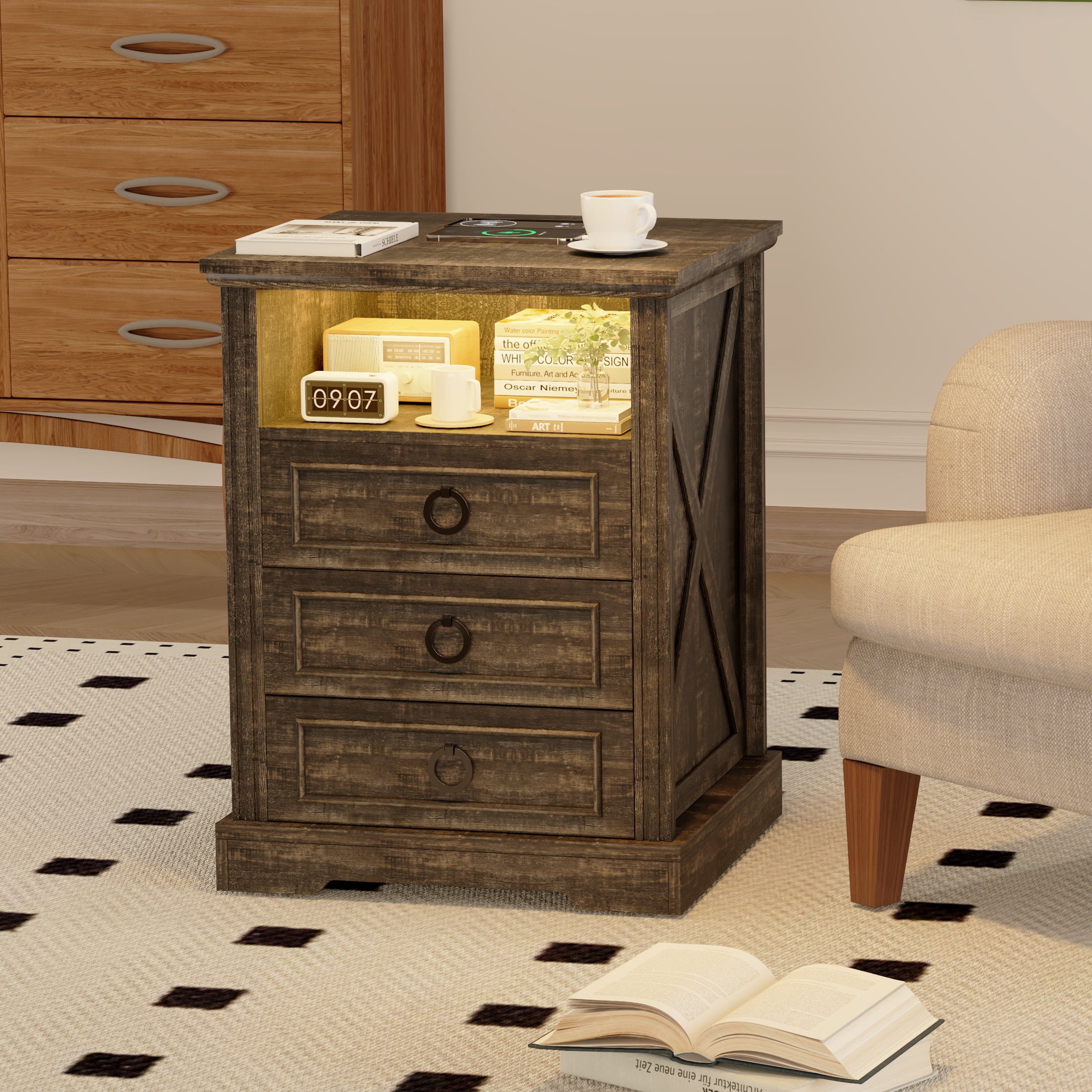 Nightstand with Charging Station, Farmhouse End Side Table with 3 ...