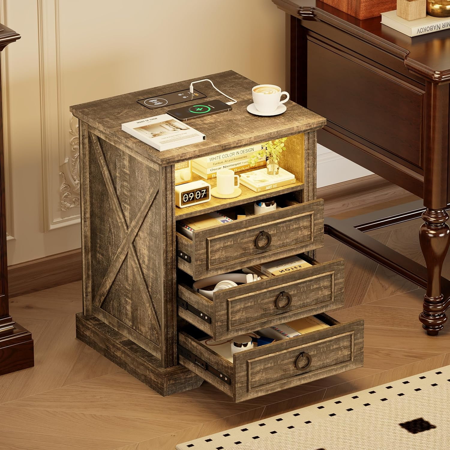 Nightstand with Charging Station,Farmhouse End Side Table with 3 ...