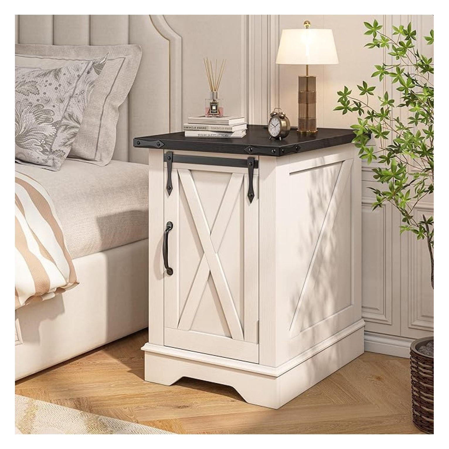 Nightstand with Charging Station, Farmhouse End Table 25", Barn Door ...
