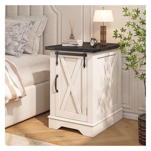 Nightstand with Charging Station, Farmhouse End Table 25", Barn Door ...