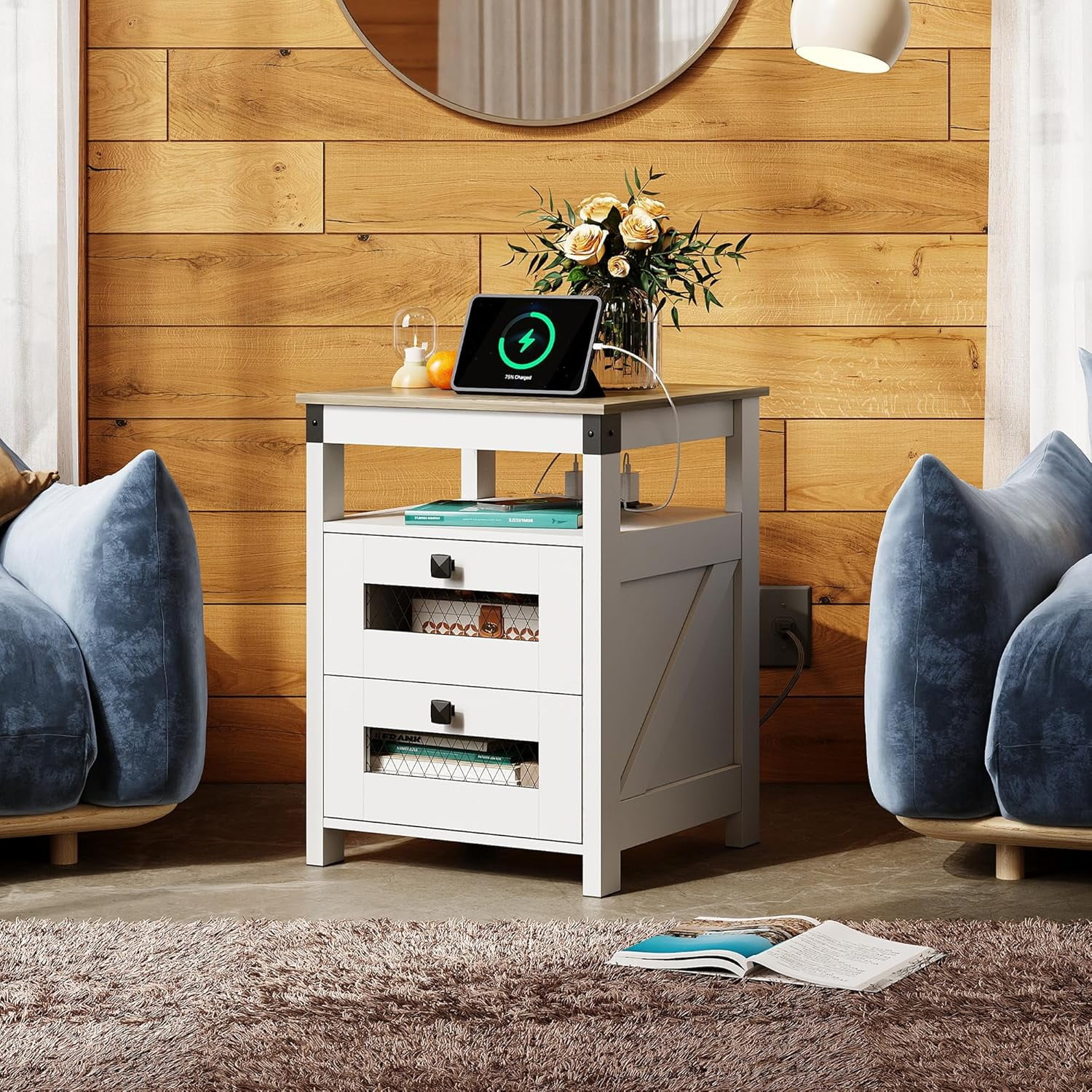 Nightstand with Charging Station, Farmhouse Side Table with 2 Drawers ...