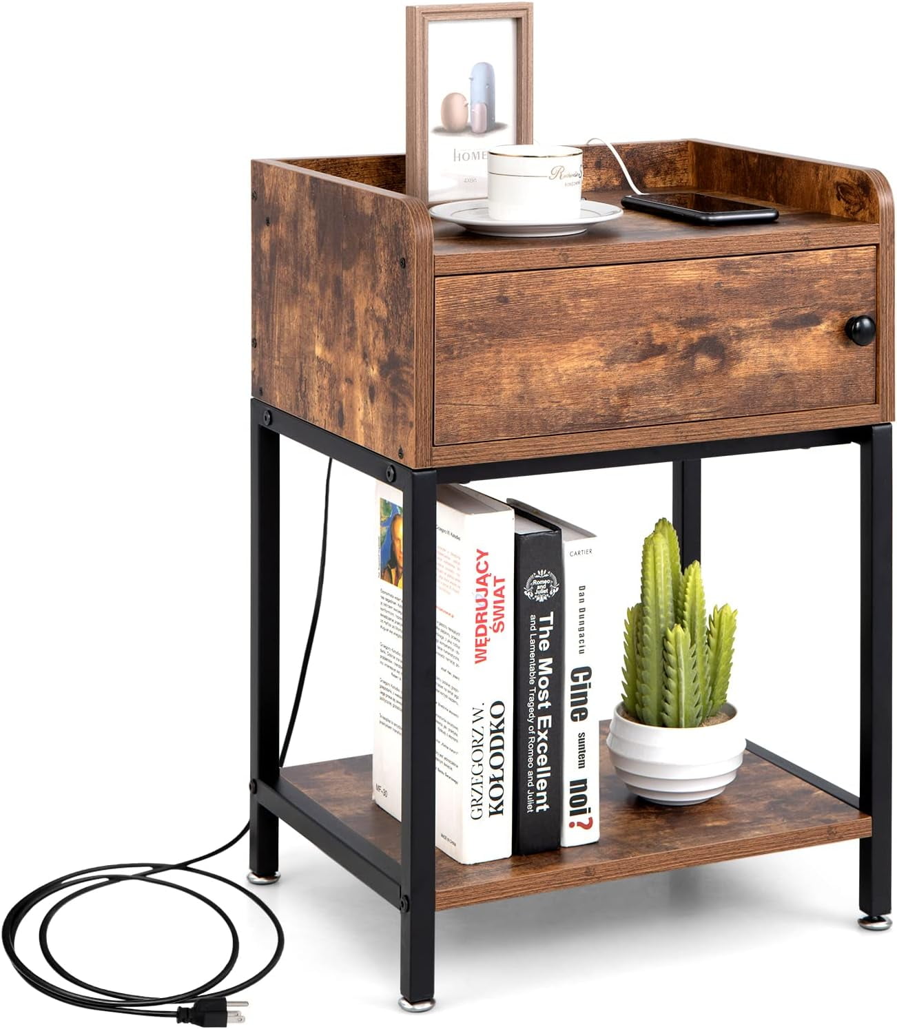 Nightstand with Charging Station - Industrial Side Table with USB Ports ...
