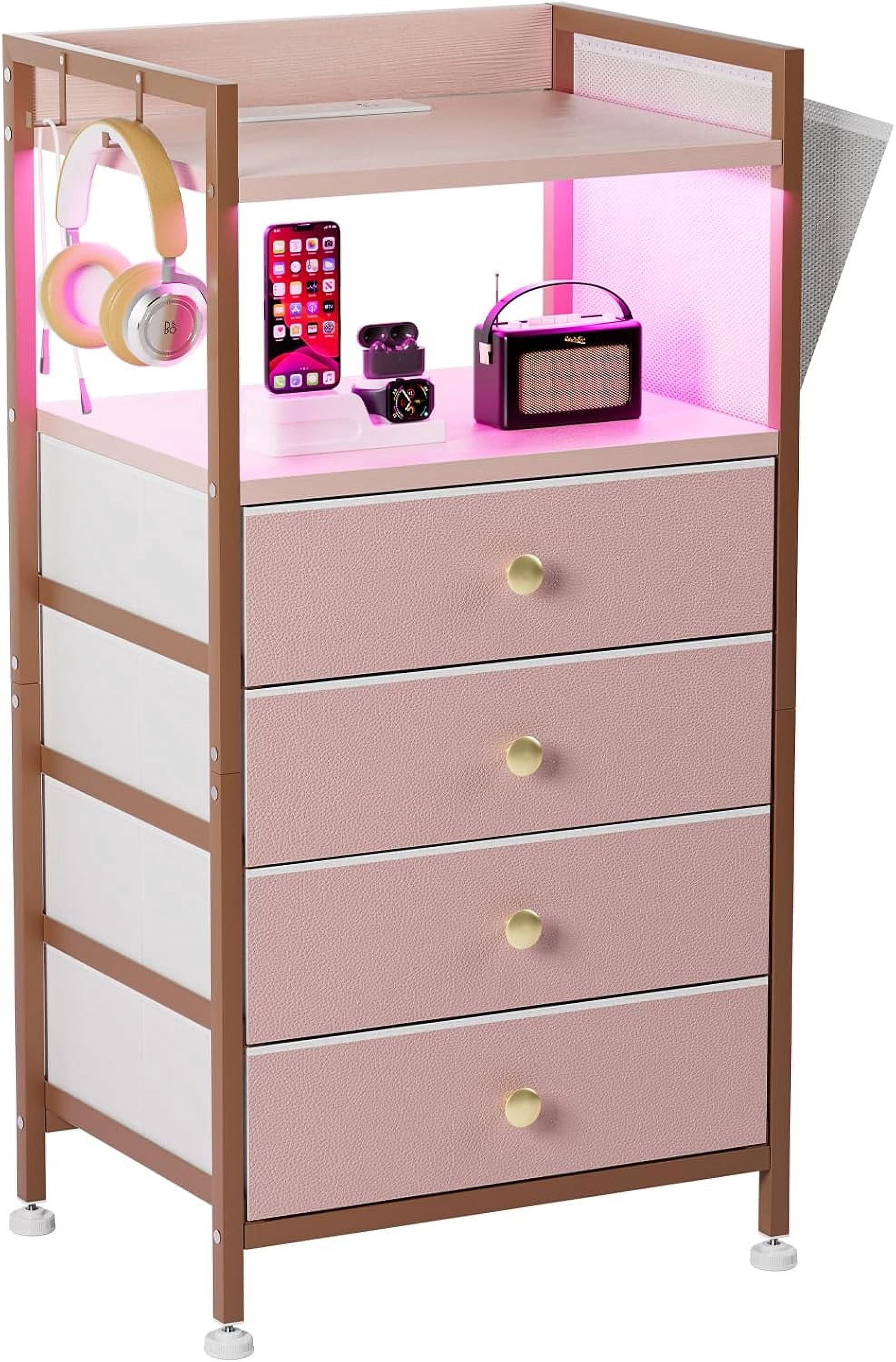 Nightstand with Charging Station, LED Nightstand with 4 Fabric Storage ...