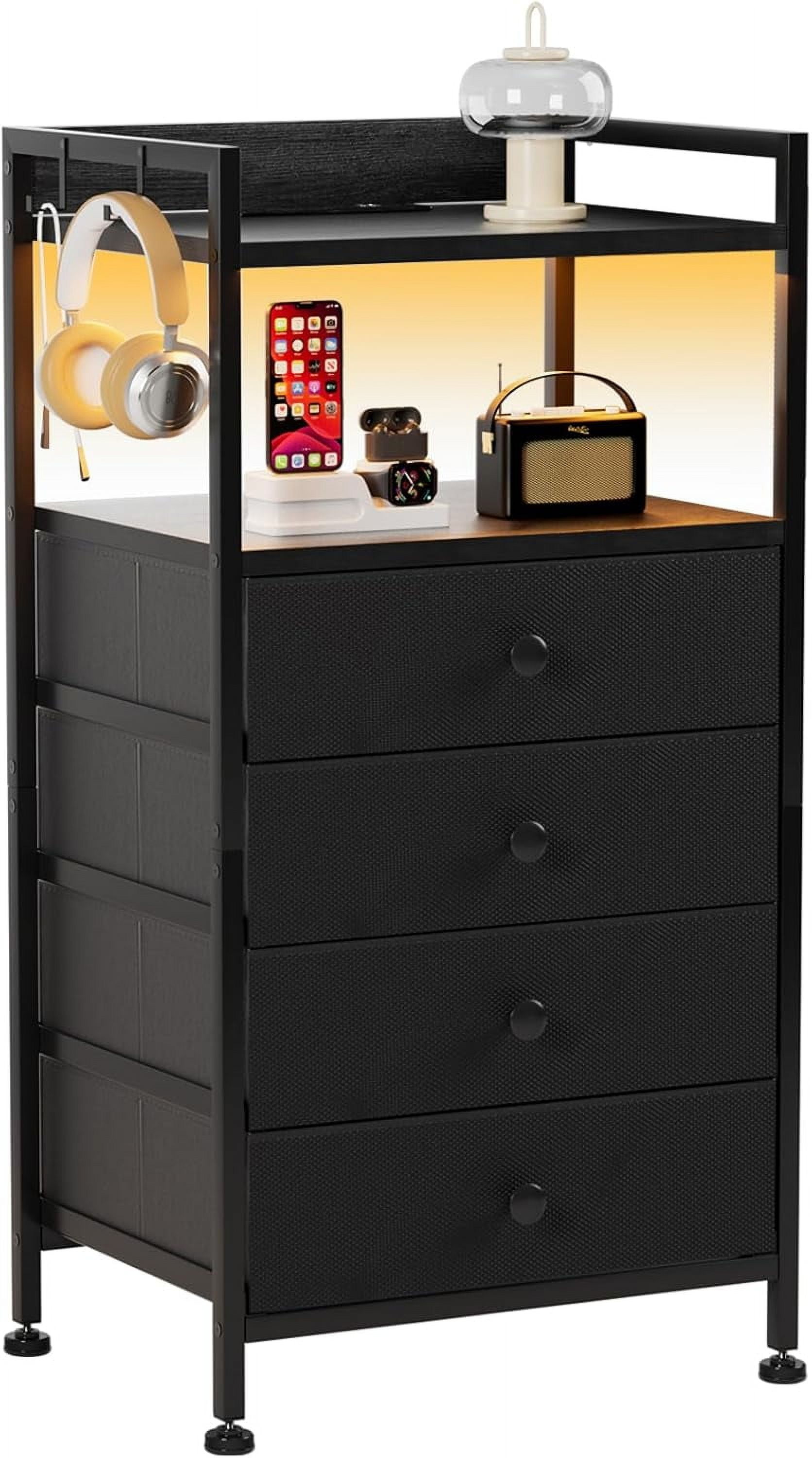 Nightstand with Charging Station, LED Nightstand with 4 Fabric Storage ...