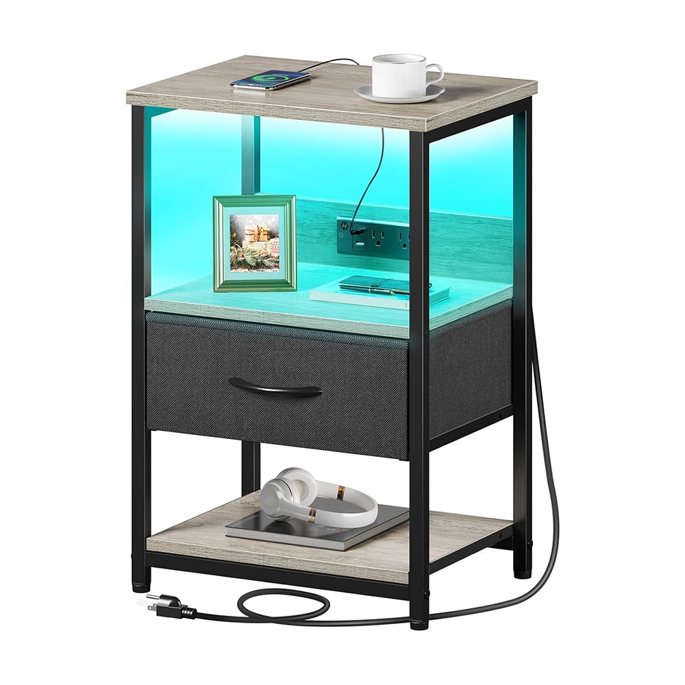 Nightstand with Charging Station, LED Bedside Table with Adjustable ...