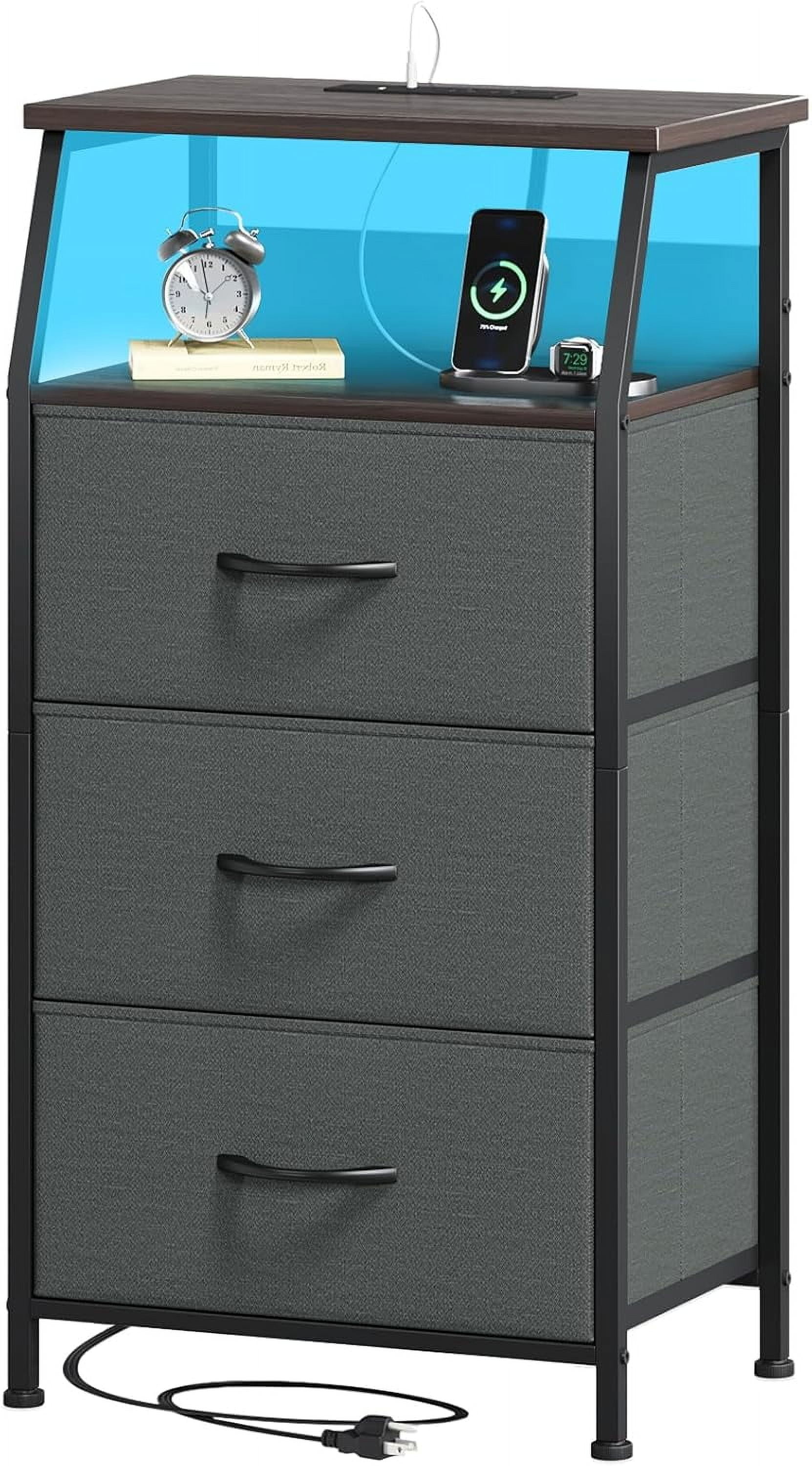 Nightstand with Charging Station and LED Light for Bedroom, Tall 3 ...