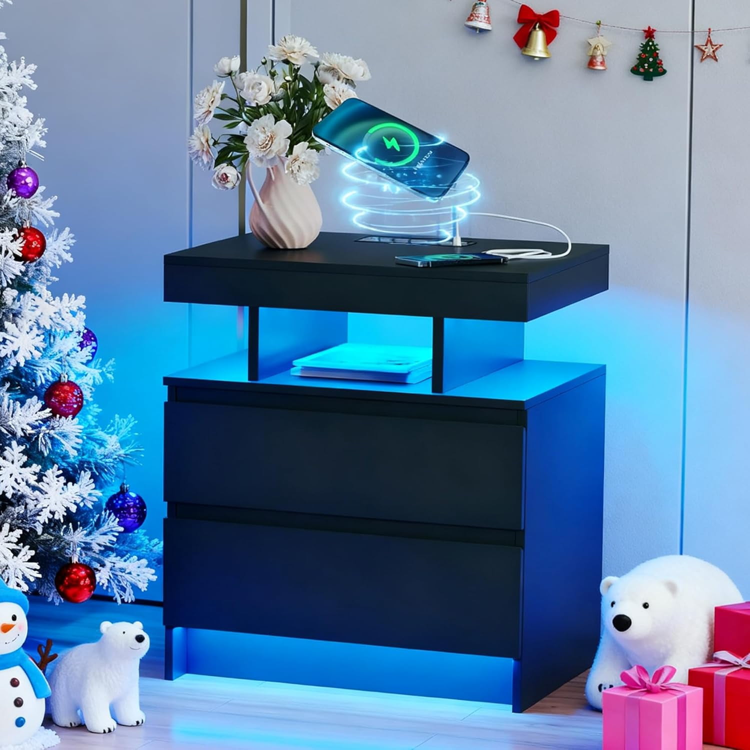 Nightstand with Charging Station and LED Light, Modern Night Stand with ...