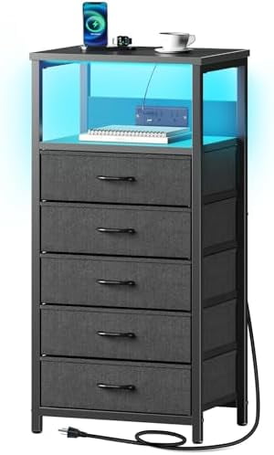Nightstand with Charging Station and LED Light, Side Table with 3 ...