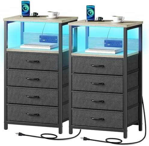 Nightstand with Charging Station and LED Light, Side Table with 3 ...