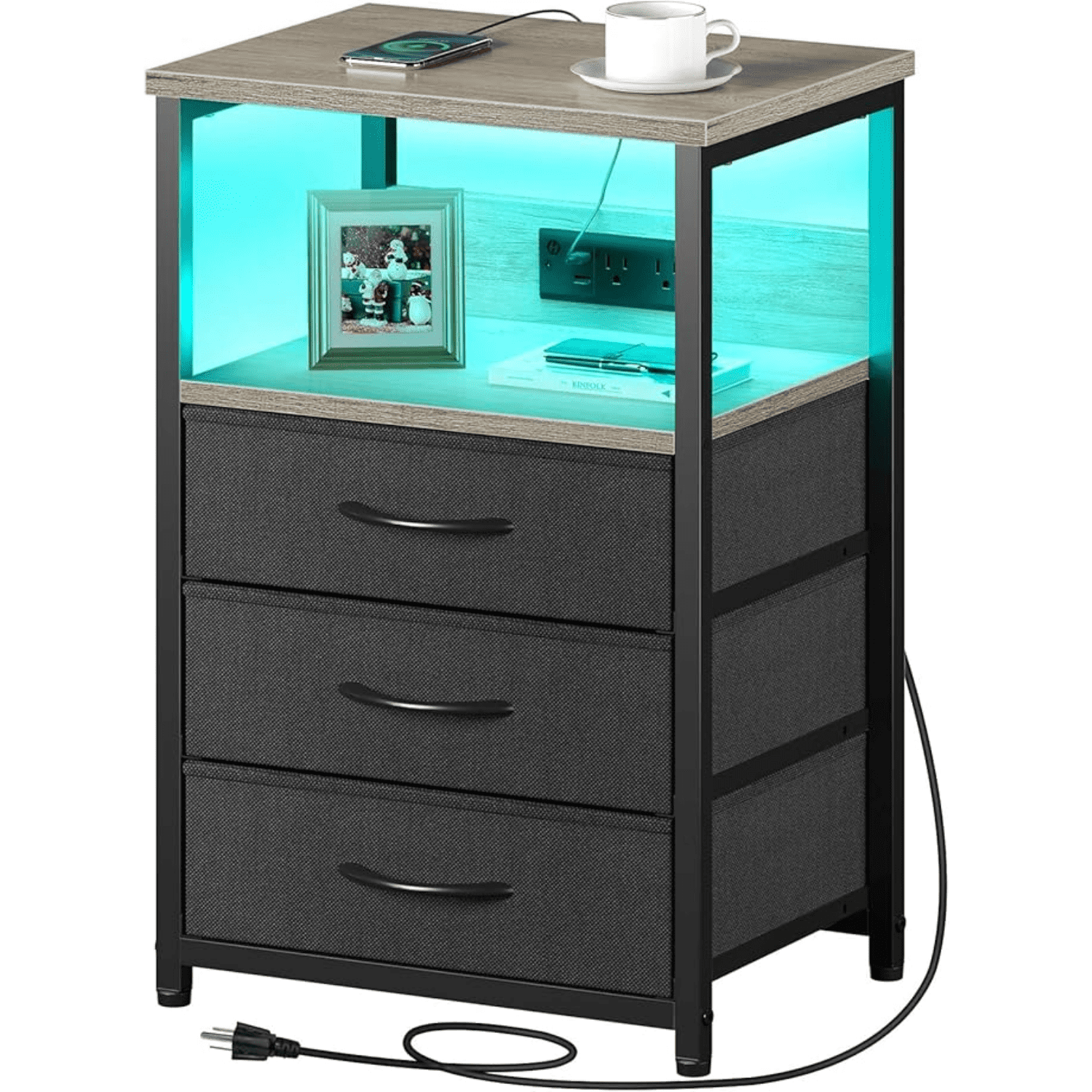 Nightstand with Charging Station and LED Light, Side Table with 3 Fabric Drawers, Bedside End ...