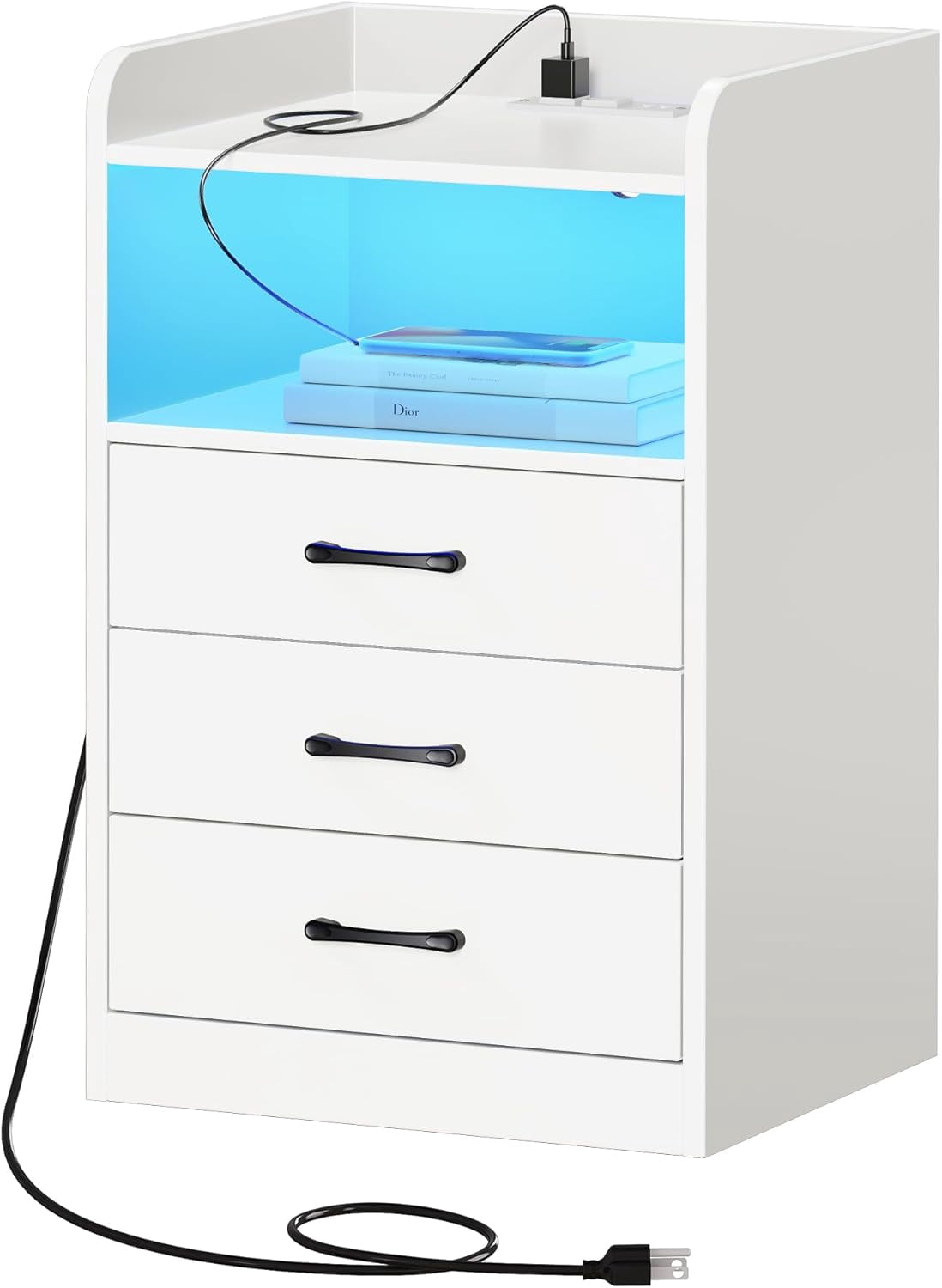 Nightstand with Charging Station and LED Light Strips, Night Stand with ...