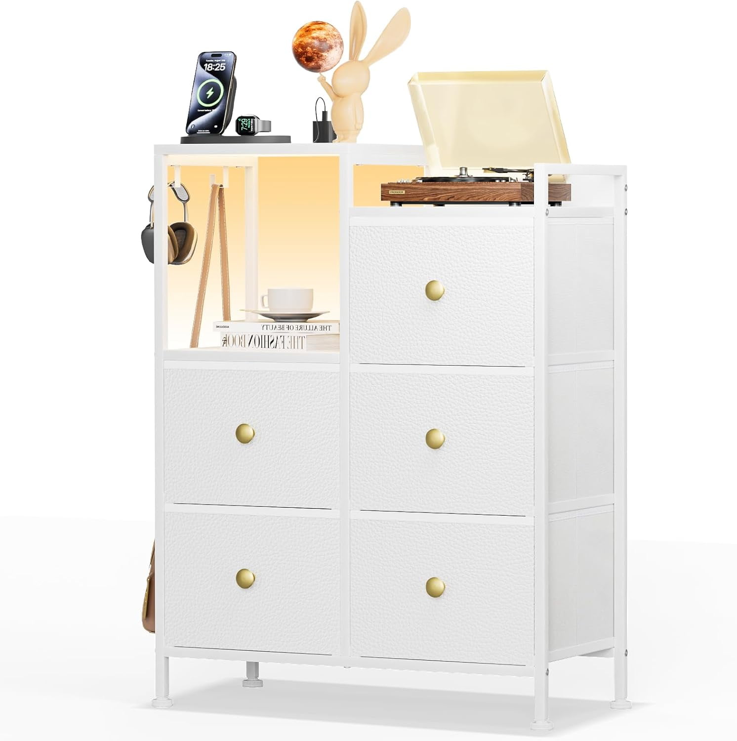 Nightstand with Charging Station and LED Lights, Large Storage Modern ...
