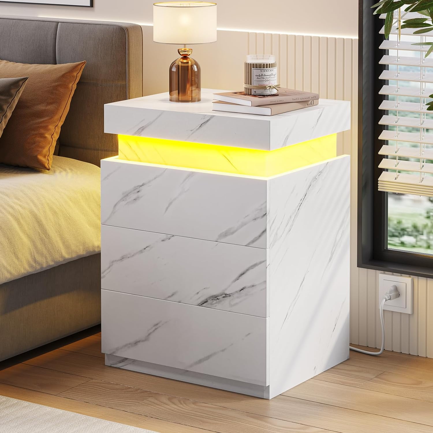 Nightstand with Charging Station and LED Lights, Led Nightstand with ...