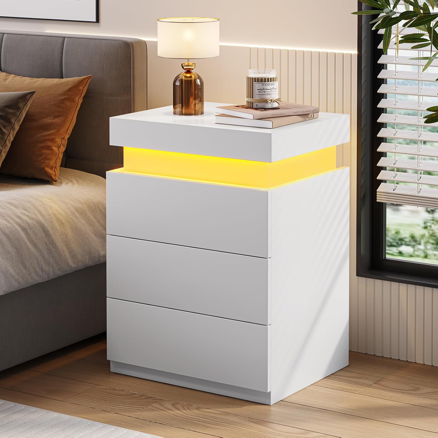 Nightstand with Charging Station and LED Lights, Led Nightstand with ...