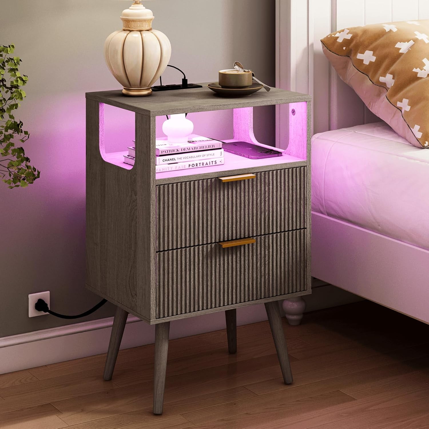 Nightstand with Charging Station and LED Lights,Modern Bedside Table ...