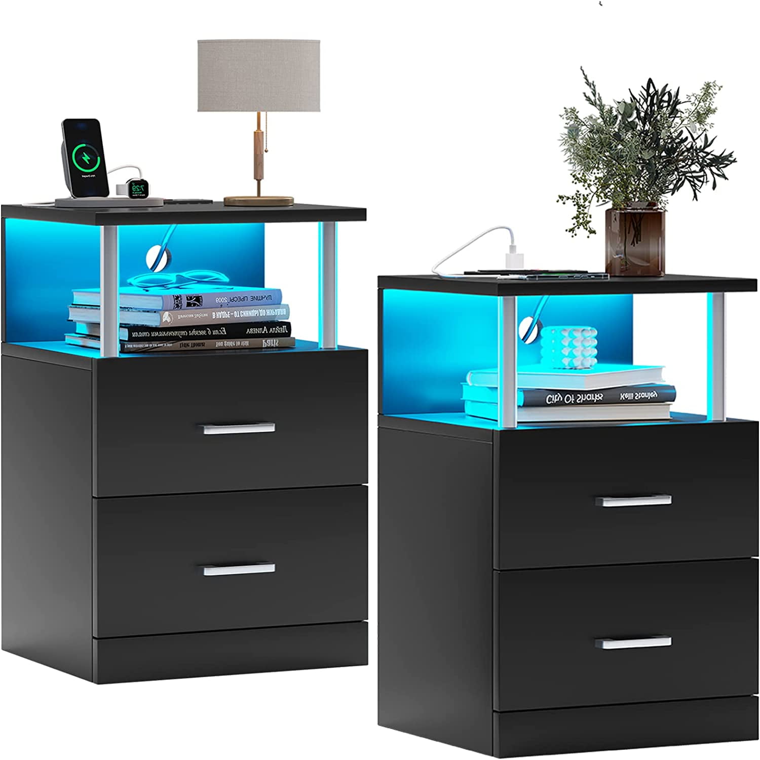 Nightstand with Charging Station and LED Lights, Nightstands Set of 2 ...