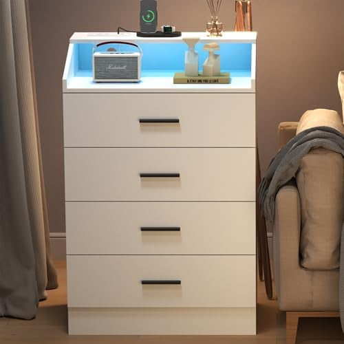 Nightstand with Charging Station and LED Lights, White Nightstand with ...