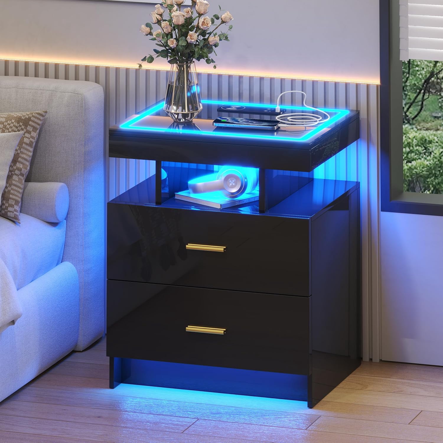 Nightstand with Charging Station,LED Night Stand with 2 Drawers,Glass ...