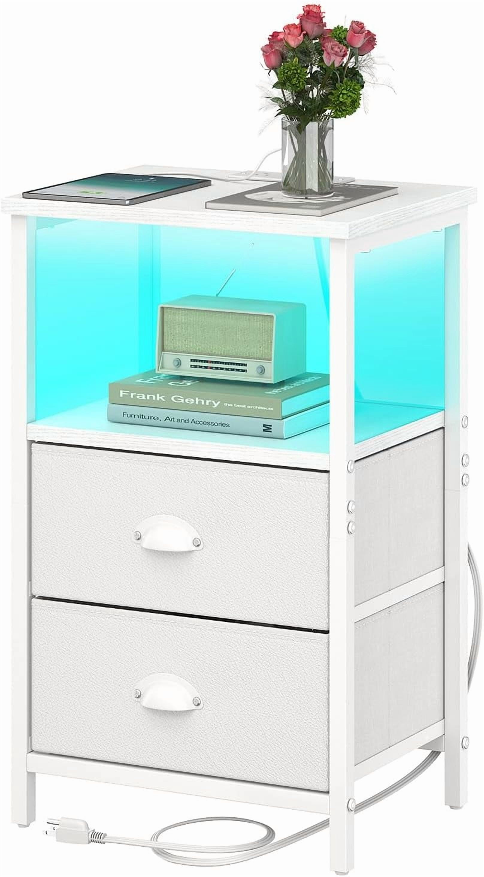 Nightstand with Charging Station, LED Night Stand with 2 Fabric Drawers ...