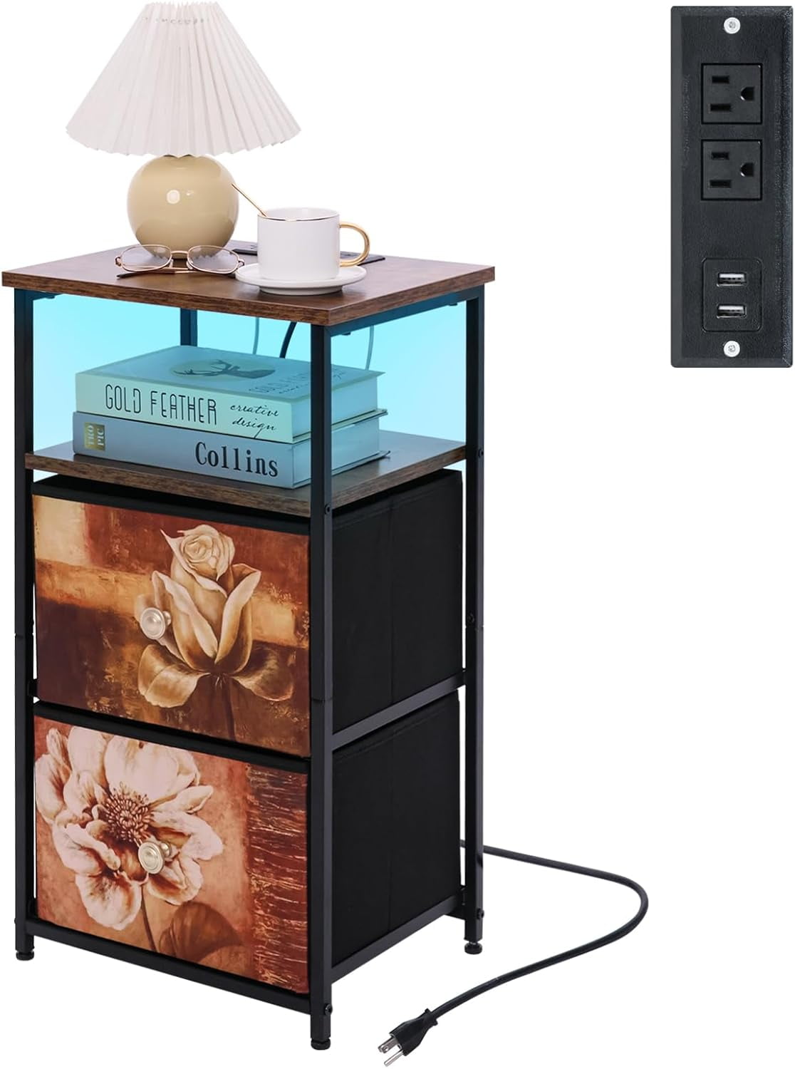 Nightstand with Charging Station, Led Bedside Tables with USB Ports ...