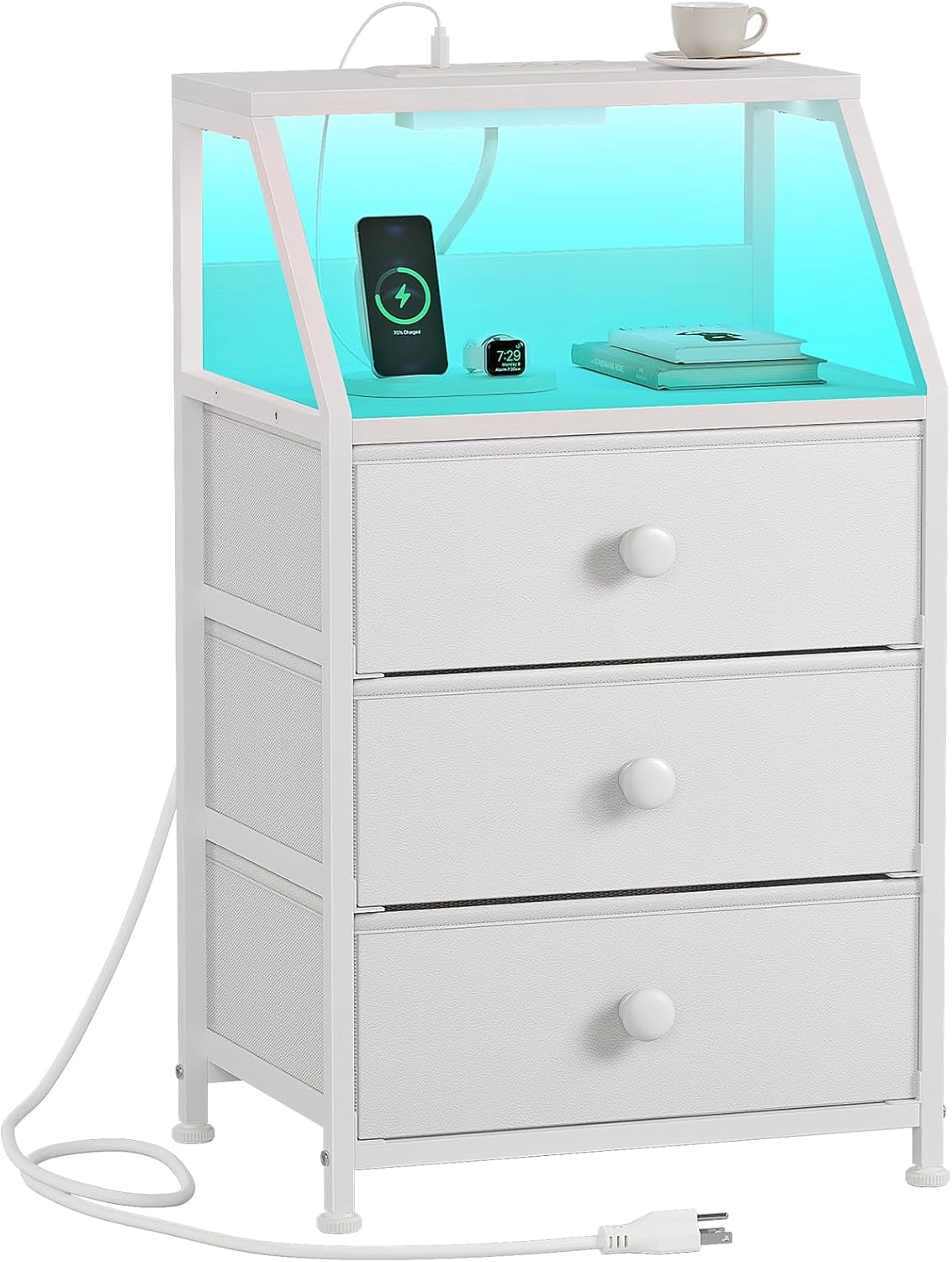 Nightstand with Charging Station and Led Light, Tall White Bedside ...