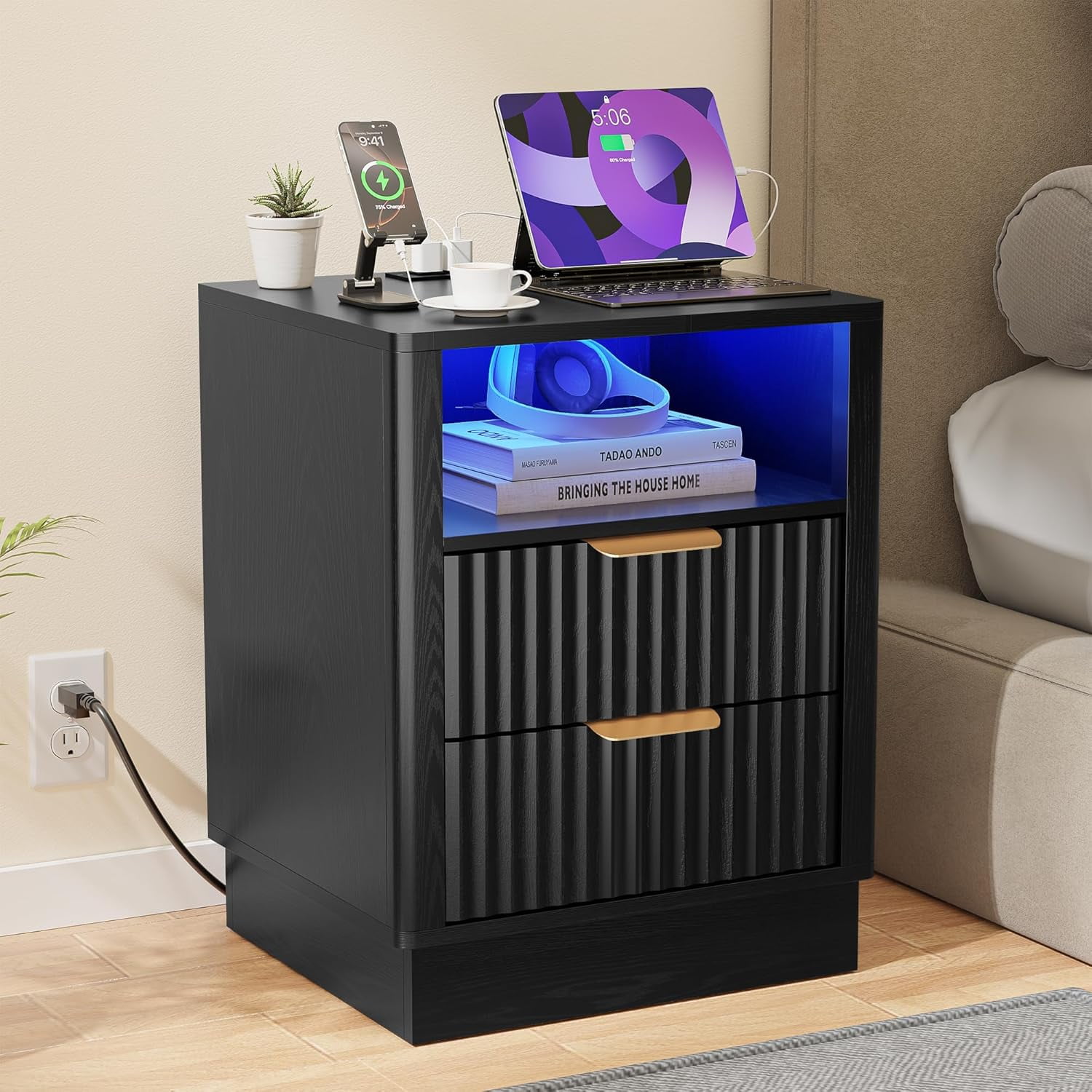 Nightstand with Charging Station and Lights, Fluted Bedside Table with ...