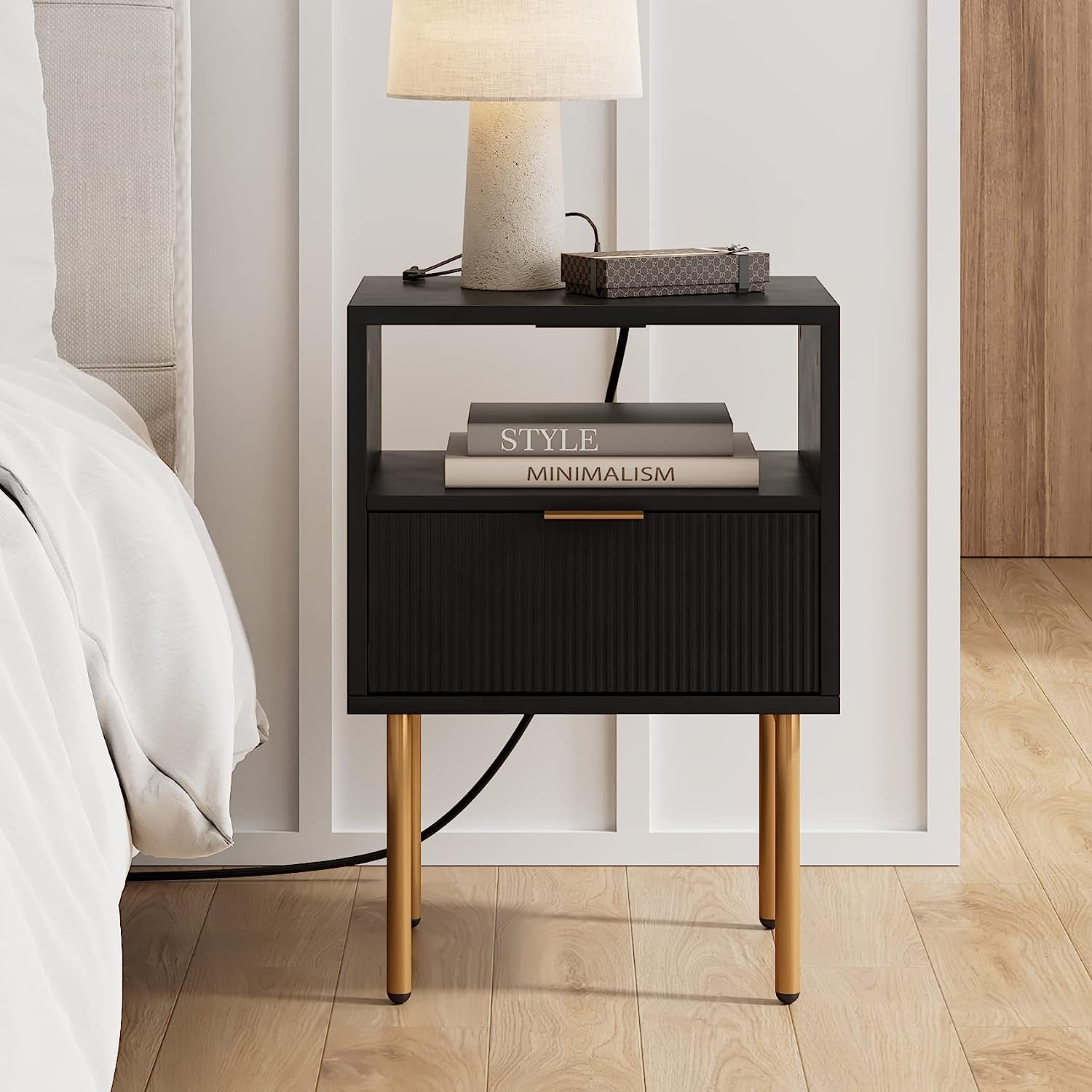 Nightstand with Charging Station,Mid-Century Modern Bedside Table with ...
