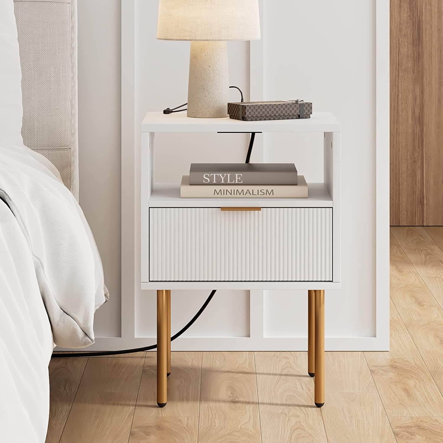 Nightstand with Charging Station,Mid-Century Modern Bedside Table with ...