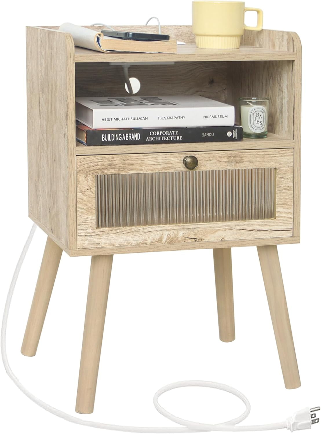 Nightstand with Charging Station, Modern Bedside Table with Glass ...