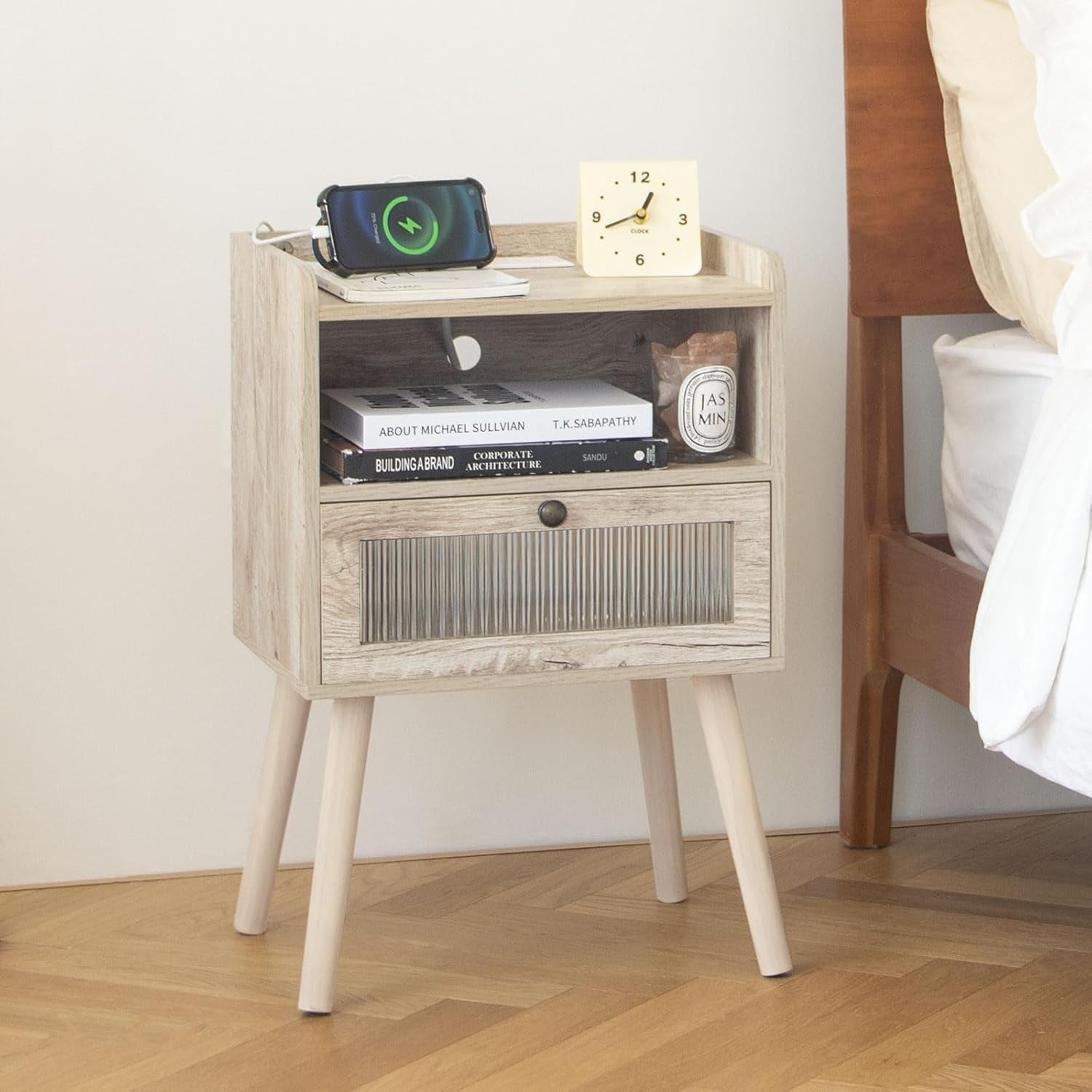 Nightstand with Charging Station, Modern Bedside Table with Glass ...