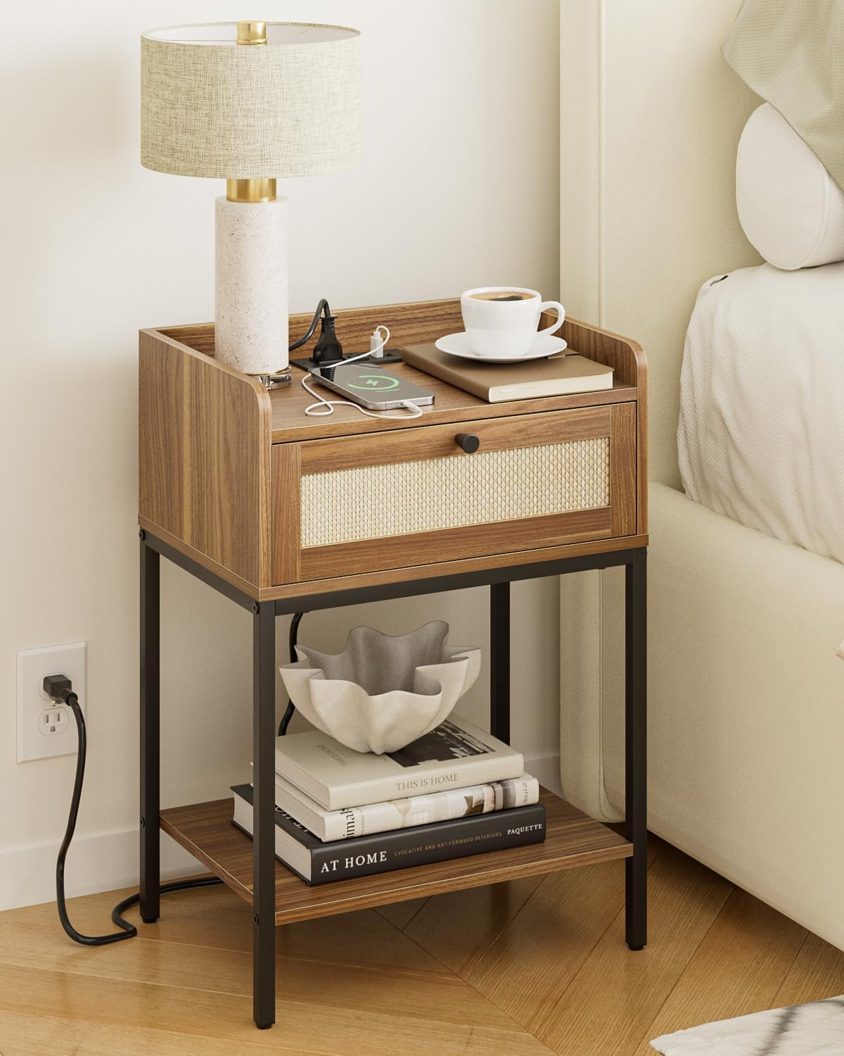Nightstand with Charging Station, Modern Bedside Table Night Stand with ...