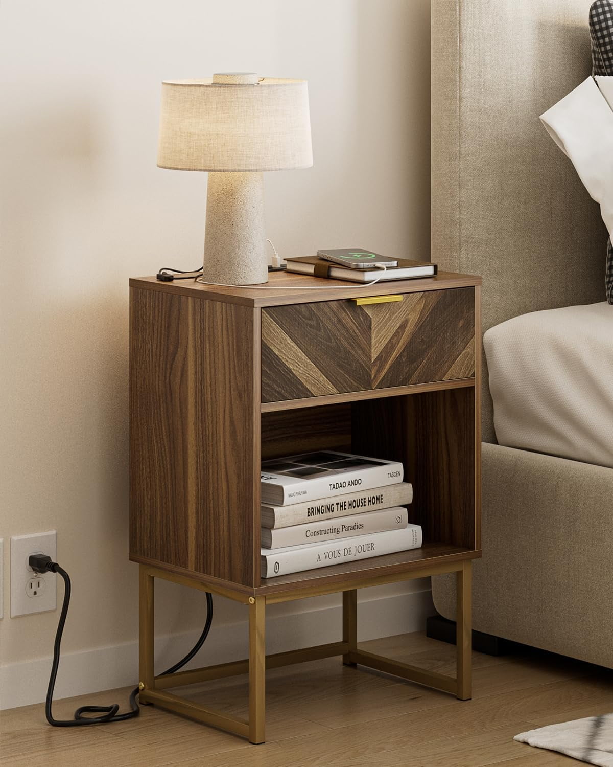 Nightstand with Charging Station,Modern Night Stand Boho Farmhouse Wood ...