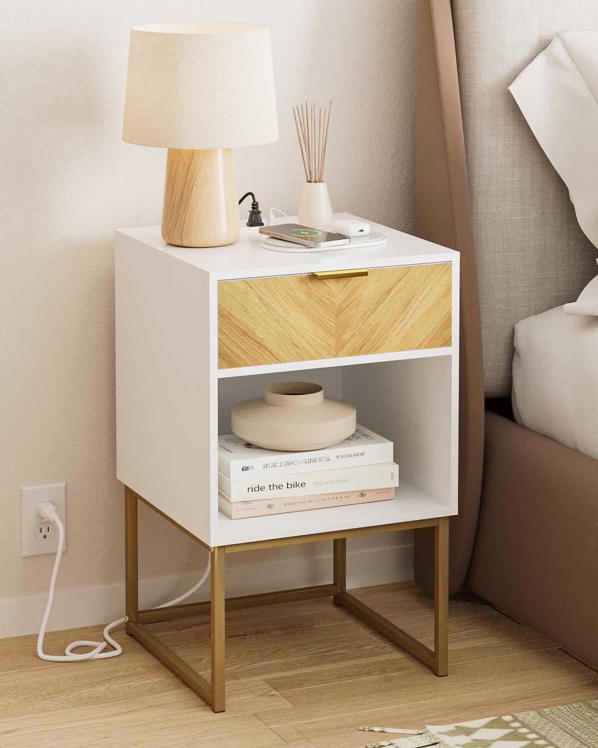 Nightstand with Charging Station,Modern Night Stand with Drawer Boho ...