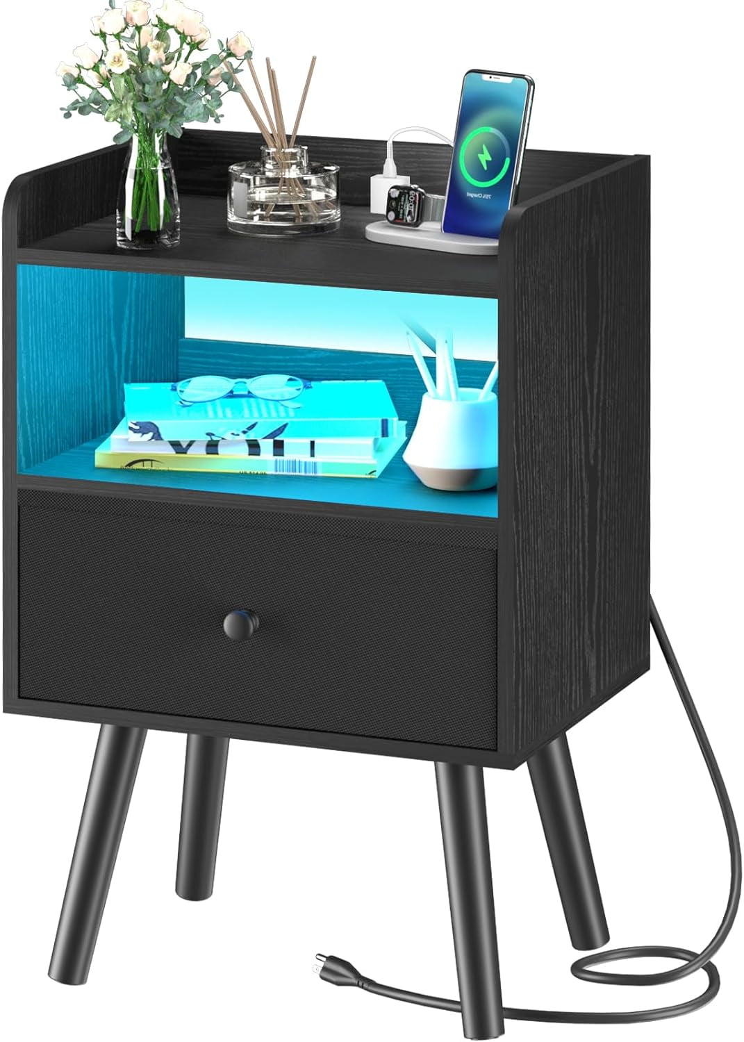 Nightstand with Charging Station, Modern Night Stand with LED Lights ...