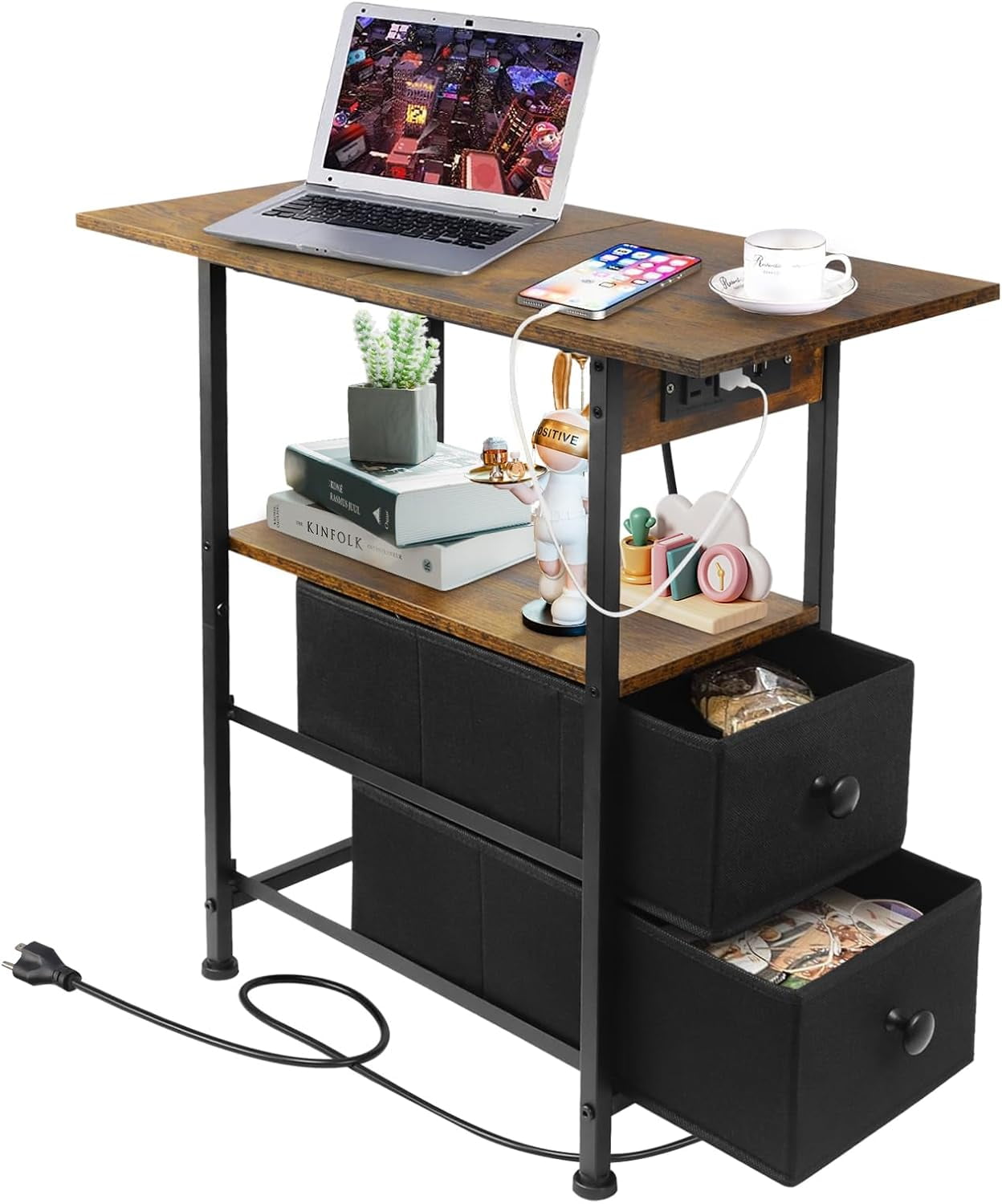 Nightstand with Charging Station, Narrow Side Table with USB & Type-C ...