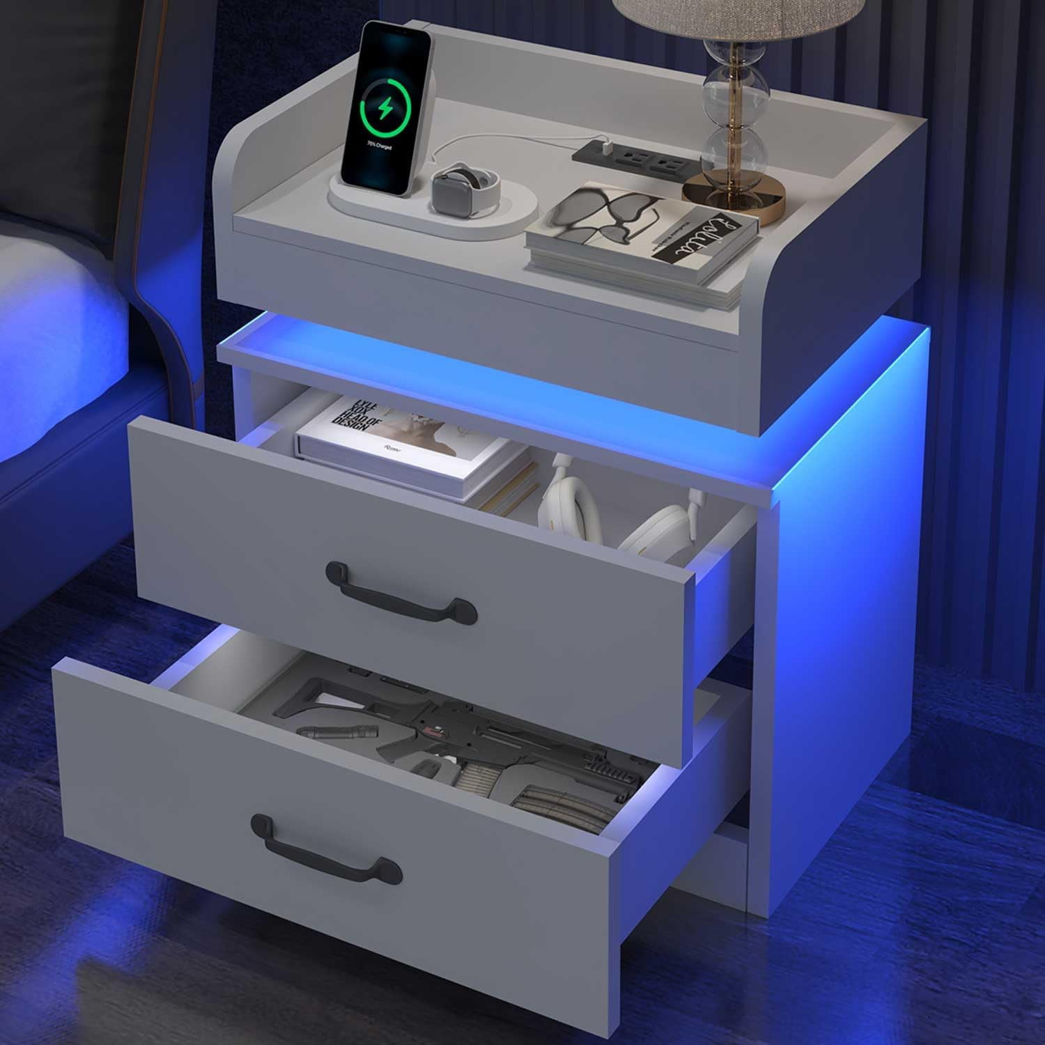 Nightstand with Charging Station, Night Stand with LED Lights, Modern ...