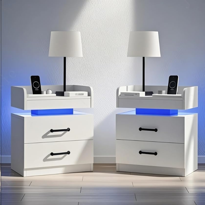 Nightstand with Charging Station, Night Stand with LED Lights Set of 2 ...