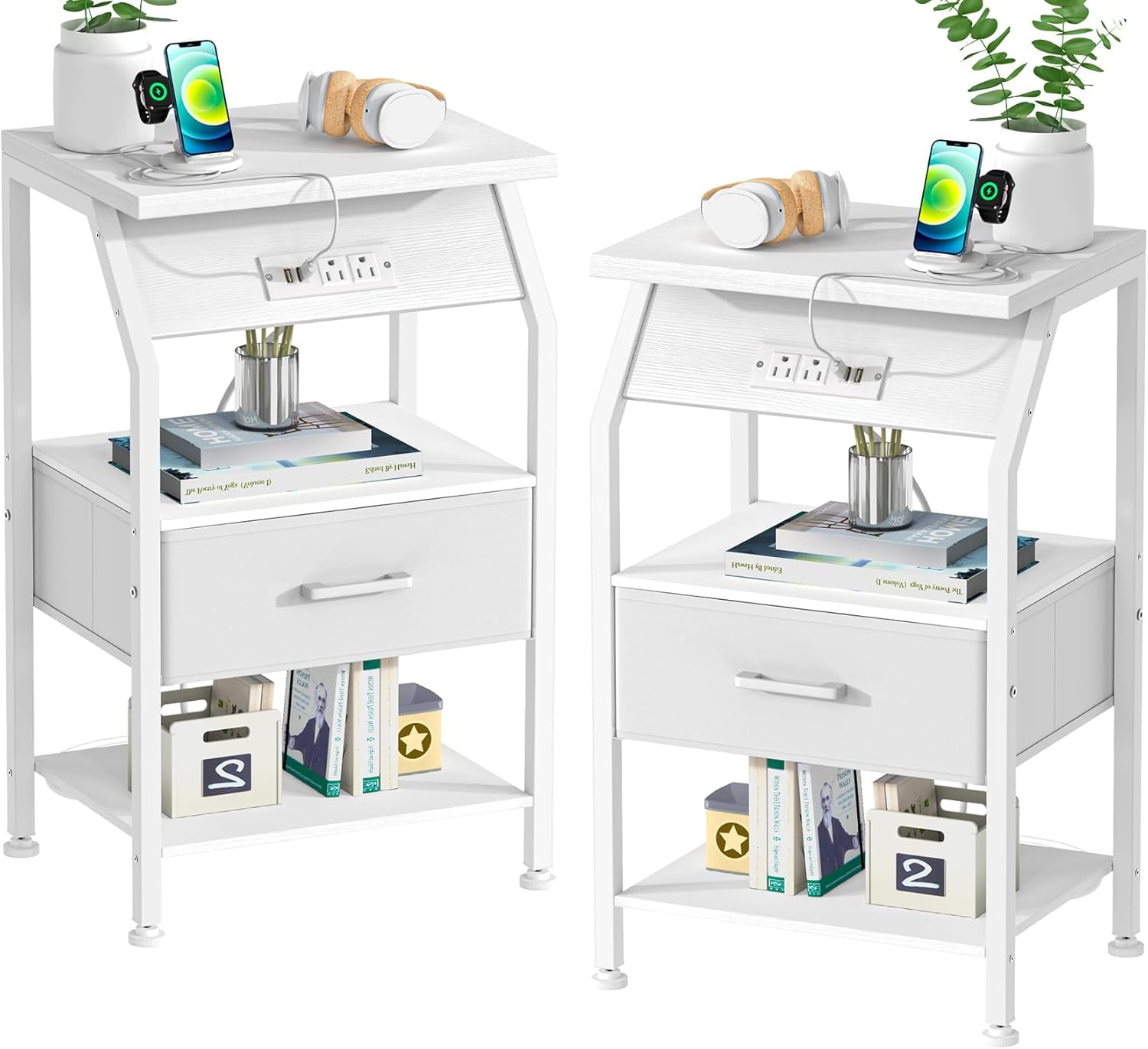 Nightstand with Charging Station,Night Stand with USB Ports and Storage ...