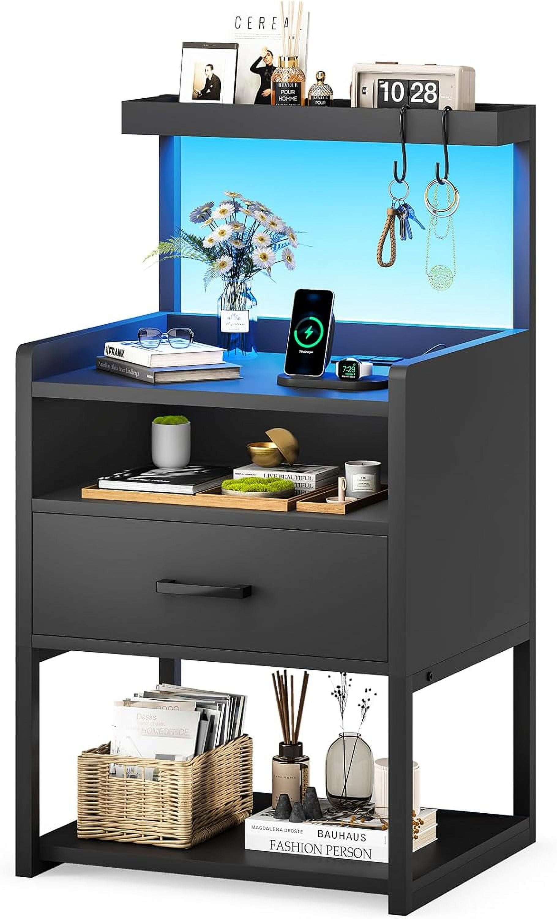 Nightstand with Charging Station, Nightstand with Drawer and USB Ports, LED Night Stand for ...