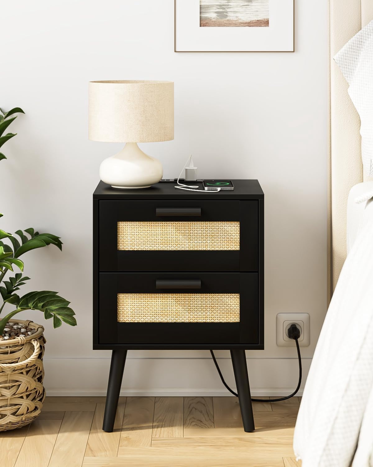 Nightstand with Charging Station,Rattan Night Stand with PE Rattan ...