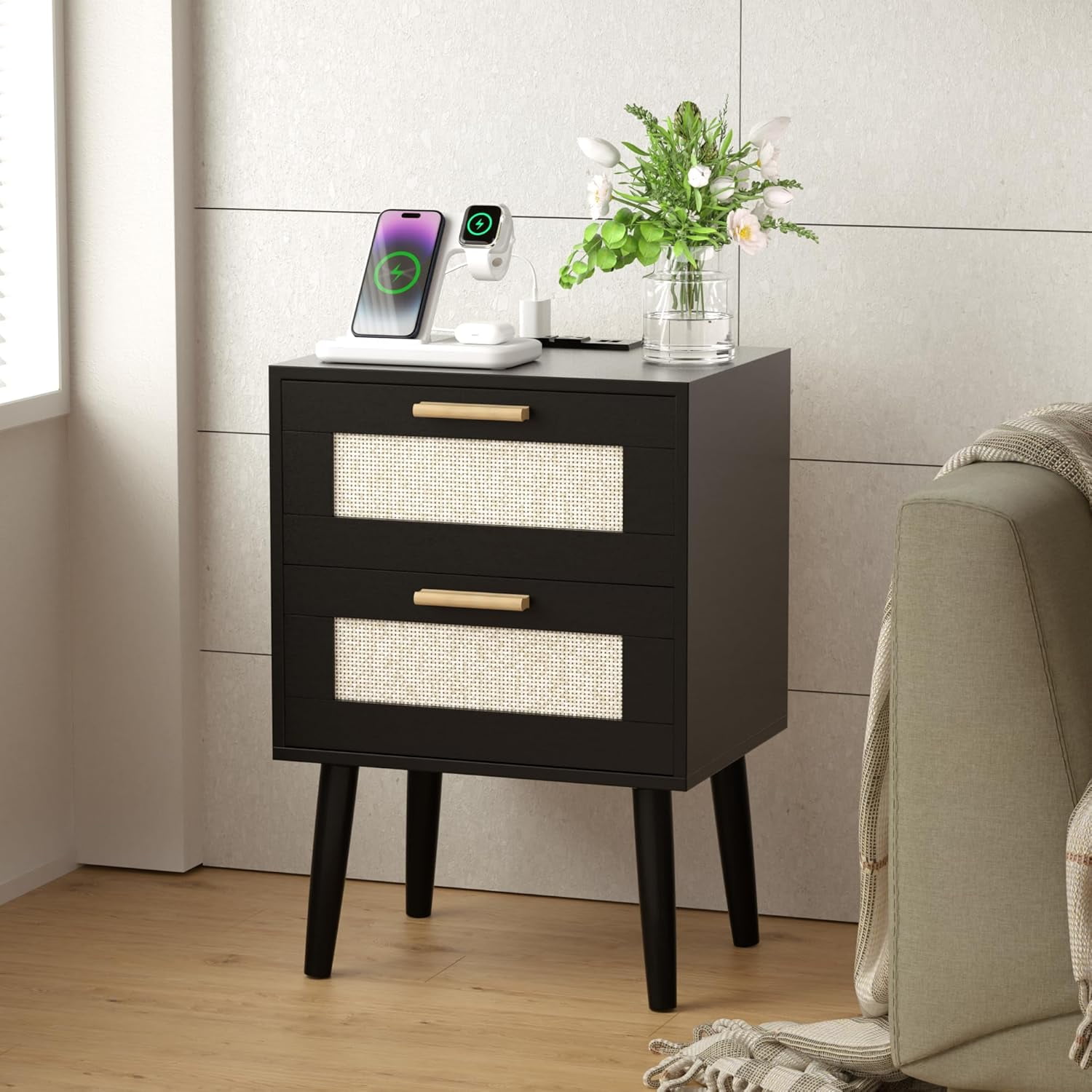 Nightstand with Charging Station,Rattan Night Stand with Solid Wood ...
