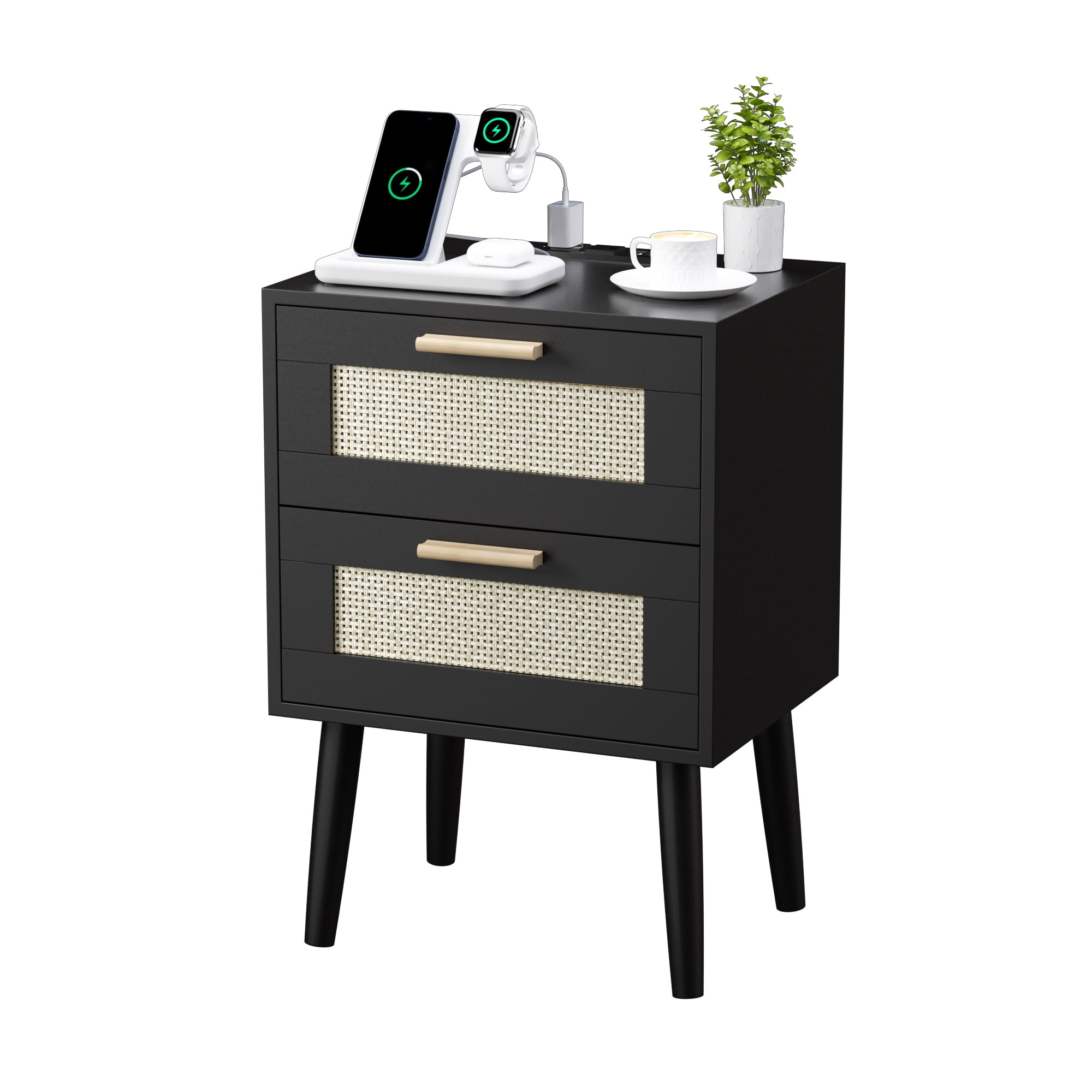 Nightstand with Charging Station,Rattan Night Stand with Solid Wood ...