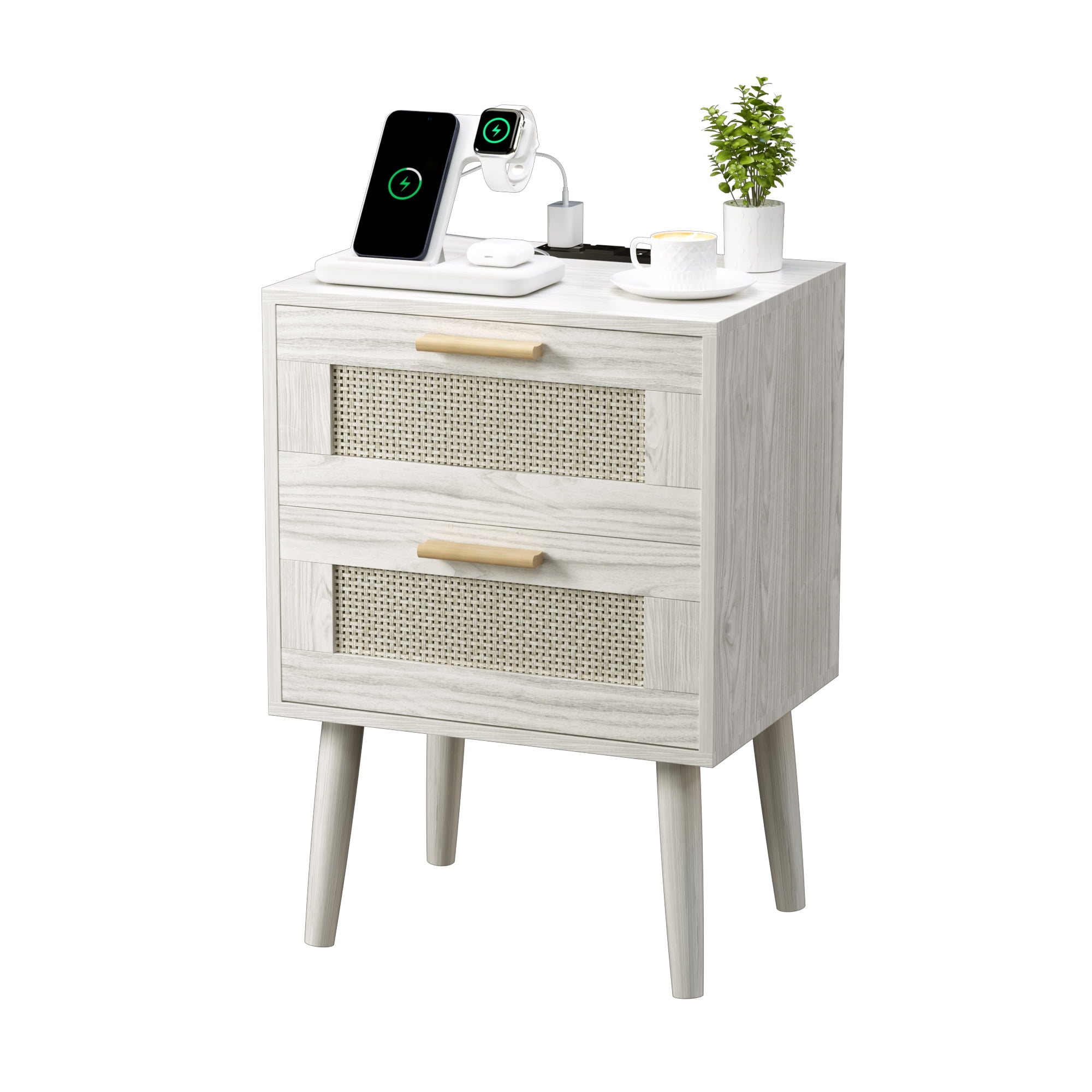 Nightstand with Charging Station,Rattan Night Stand with Solid Wood ...