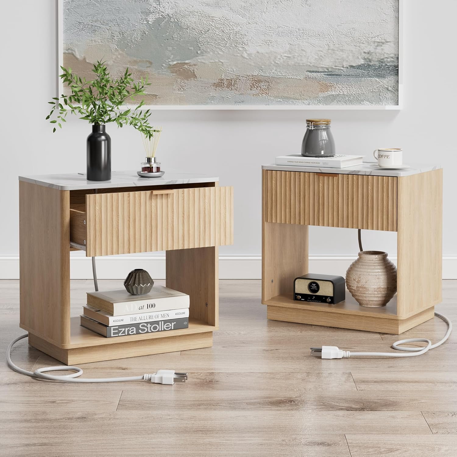 Nightstand with Charging Station Set of 2 23" Large Side with Faux ...