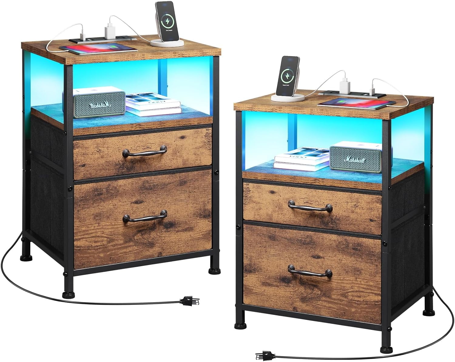 Nightstand with Charging Station Set of 2, LED Night Stand with 2 ...