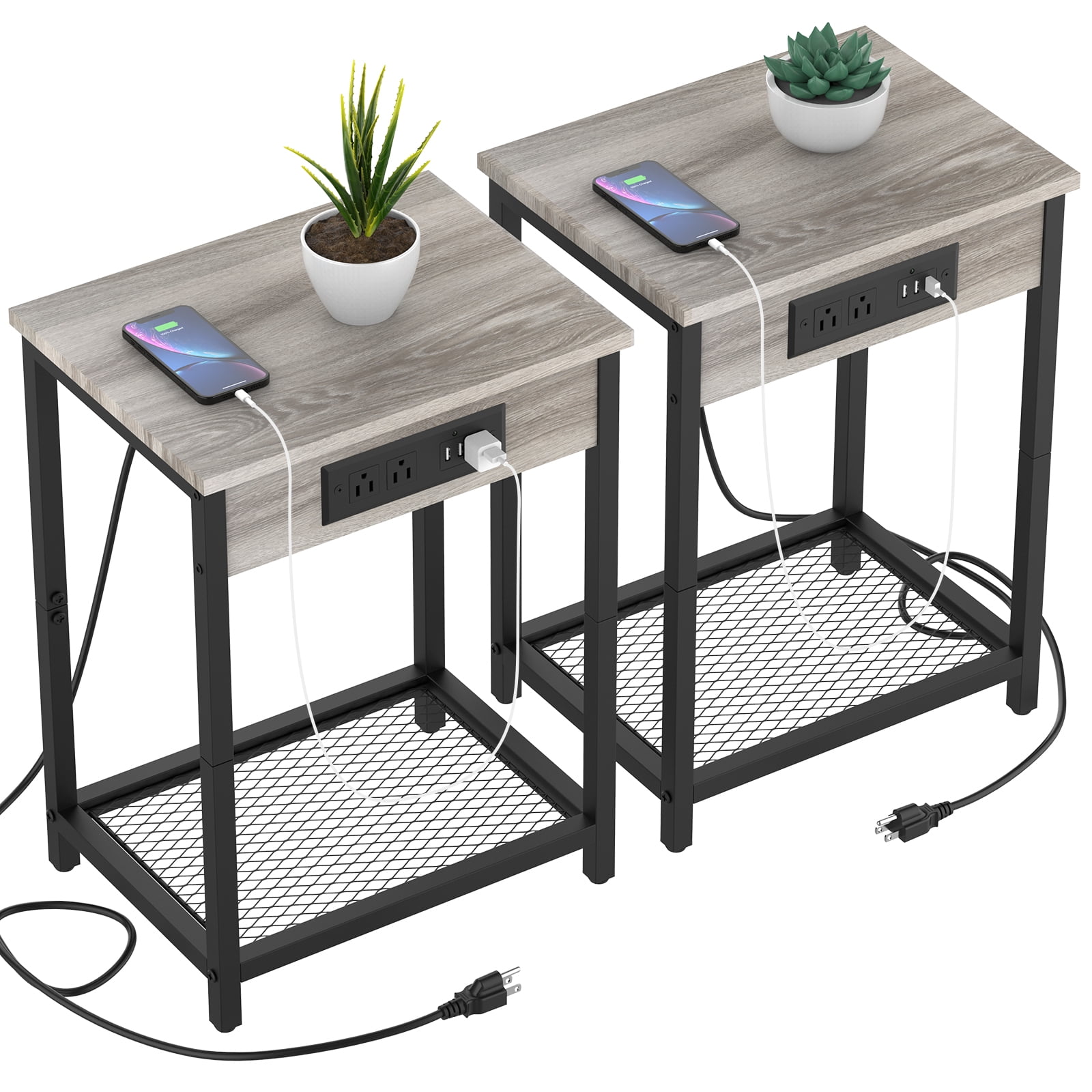 Nightstand with Charging Station Set of 2, Modern Side Table with USB ...