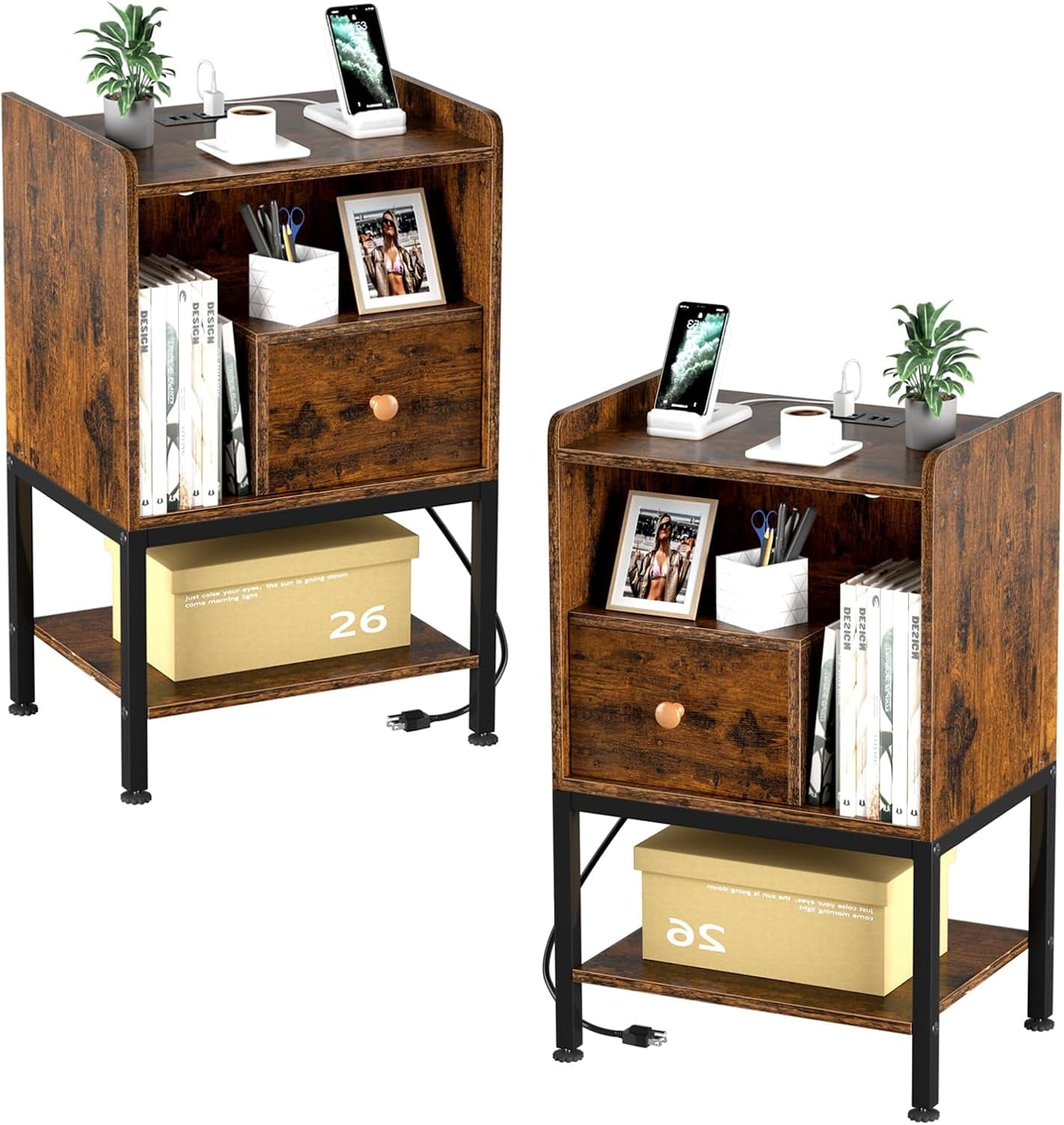 Nightstand with Charging Station Set of 2,Night Stand with USB Ports ...