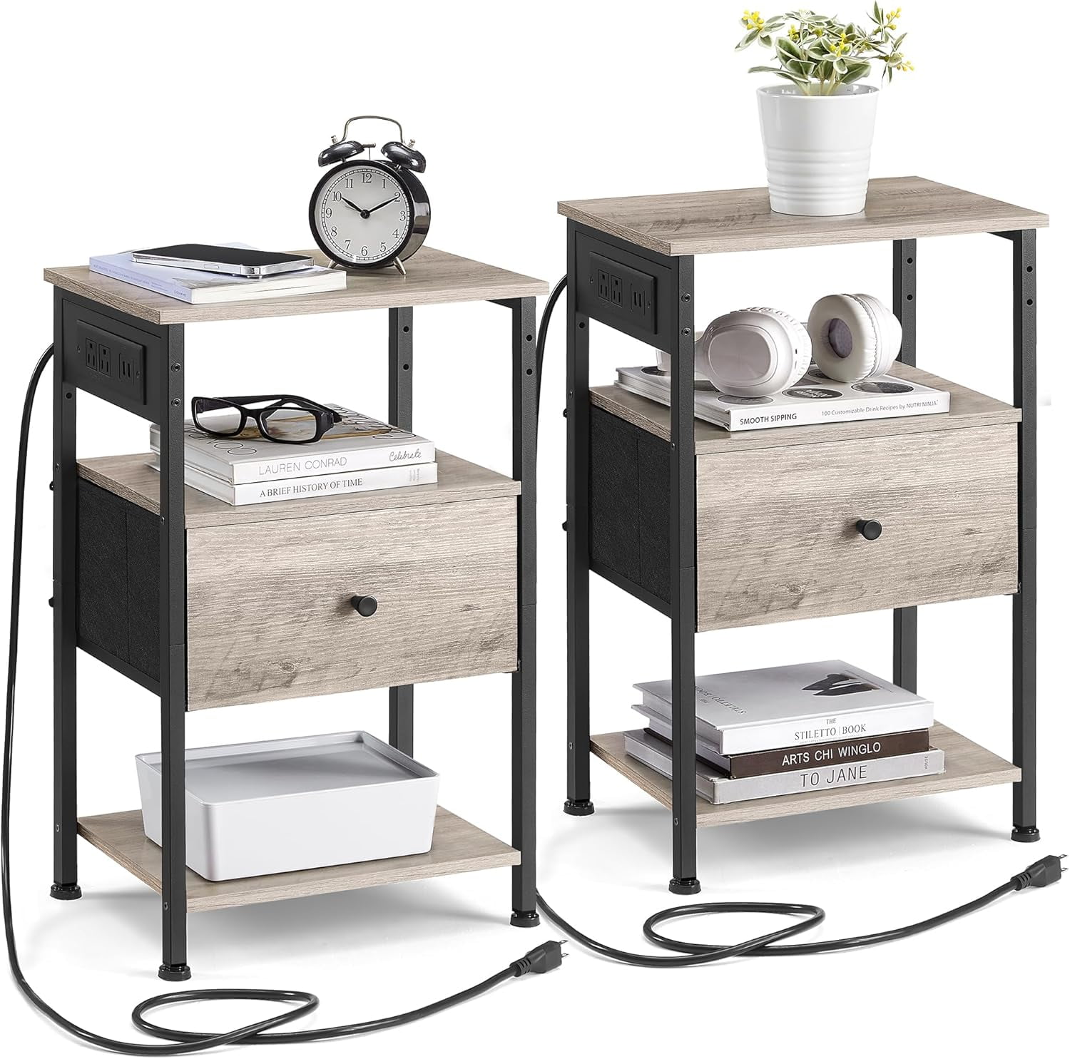 Nightstand with Charging Station, Set of 2 Night Stands, Side Table ...