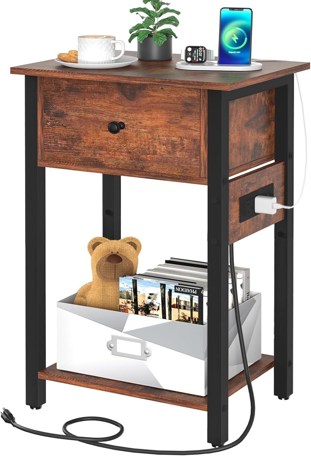 Nightstand with Charging Station, Side Table End Table with Large ...